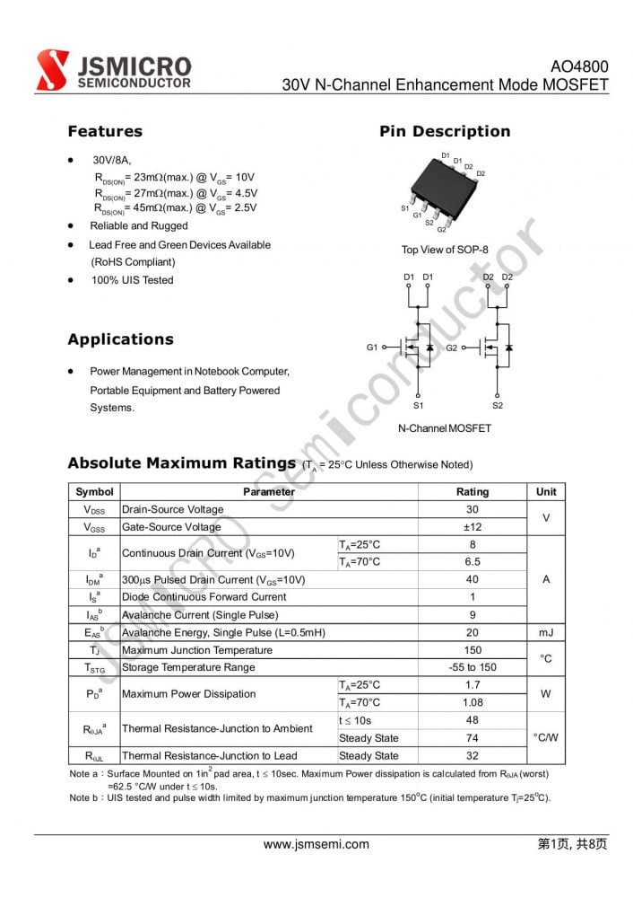 AO4800 datasheet page 1