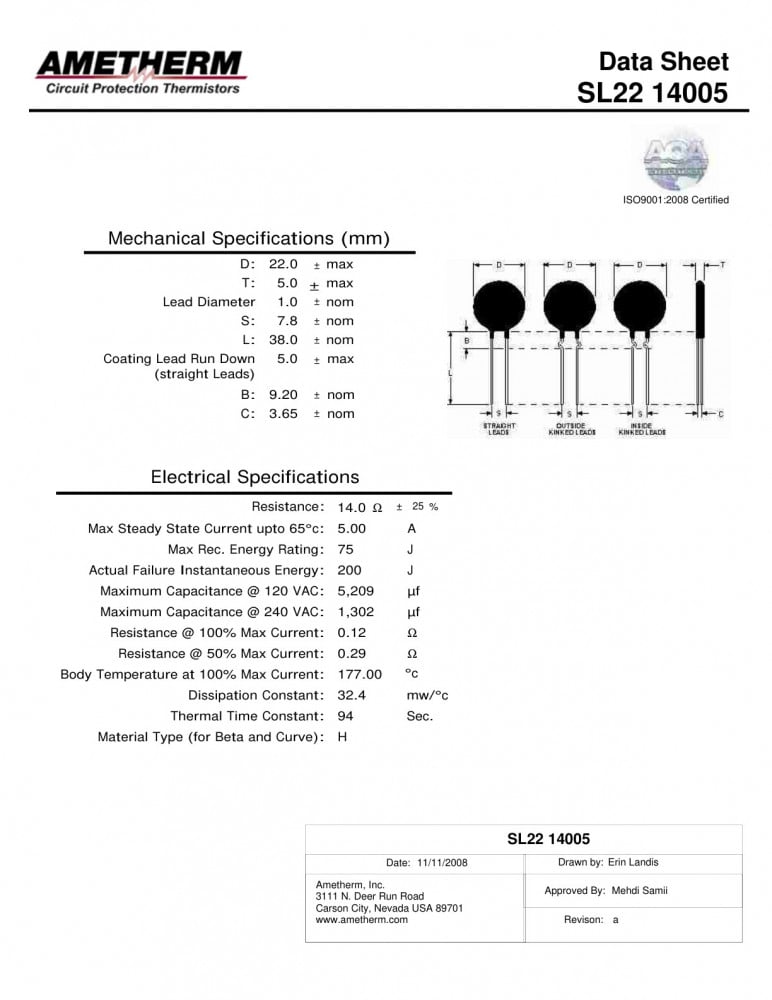Ametherm SL22 14005 technical document