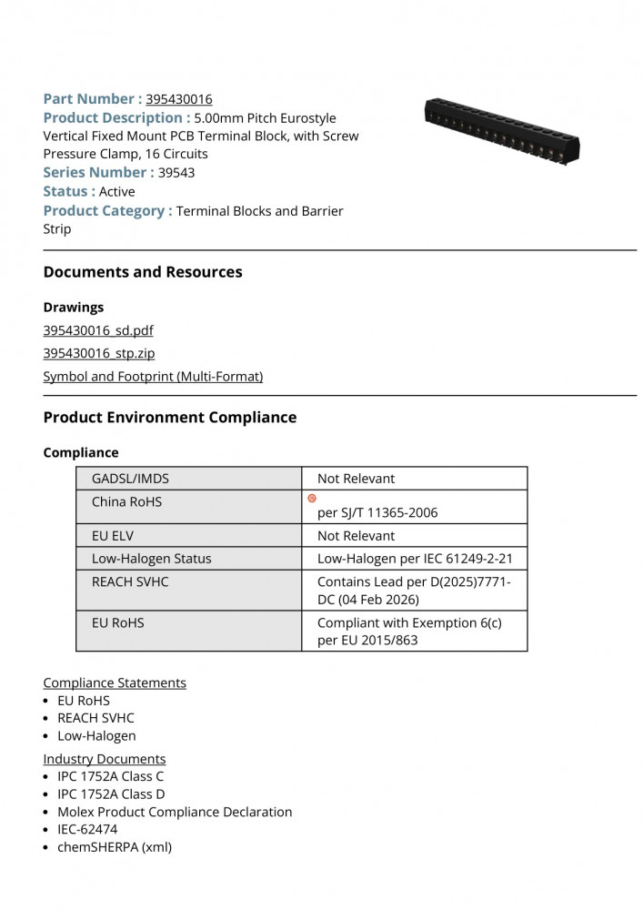 MOLEX 395430016 drawing page 1