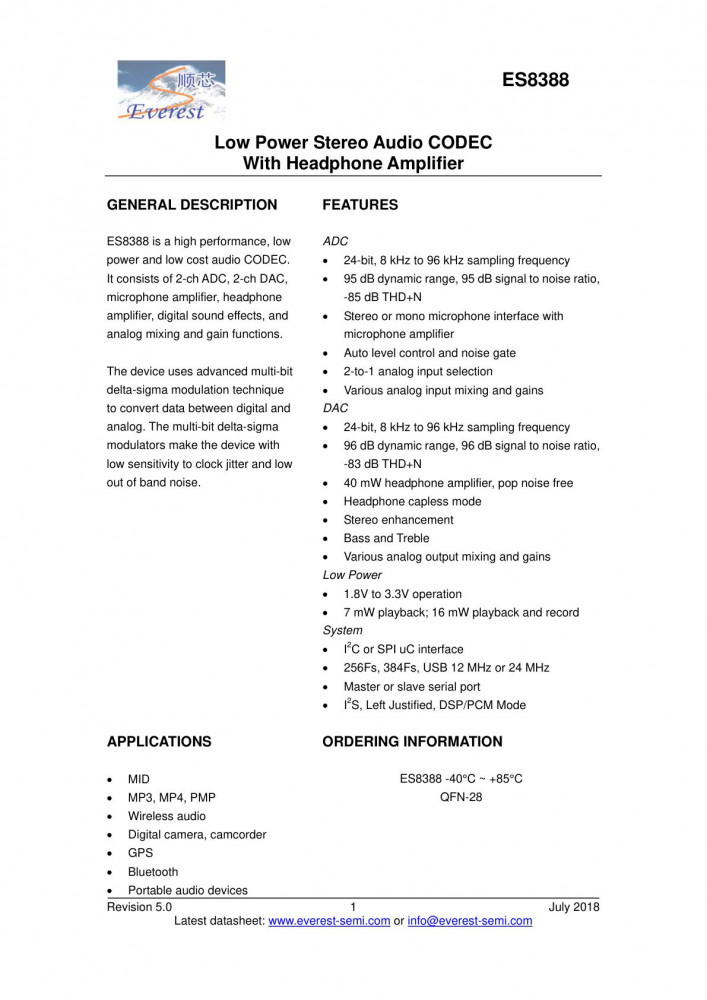 ES8388 datasheet page 1