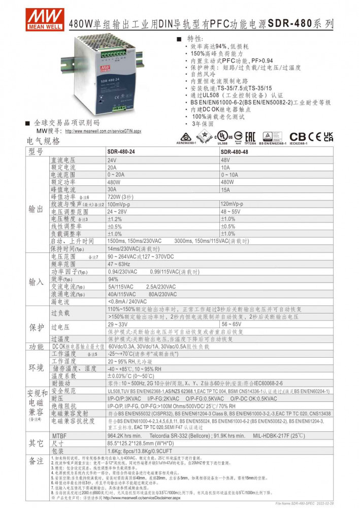 MEAN WELL SDR-480-48 technical document page 1