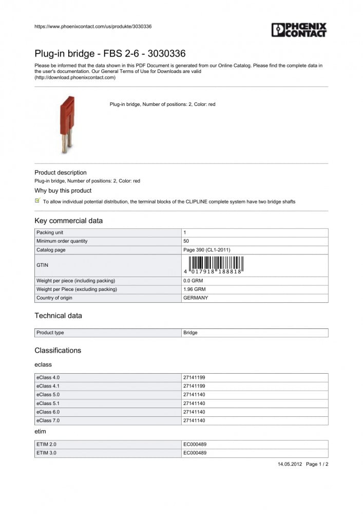 Phoenix Contact 3030336 FBS 2-6 technical document page 1