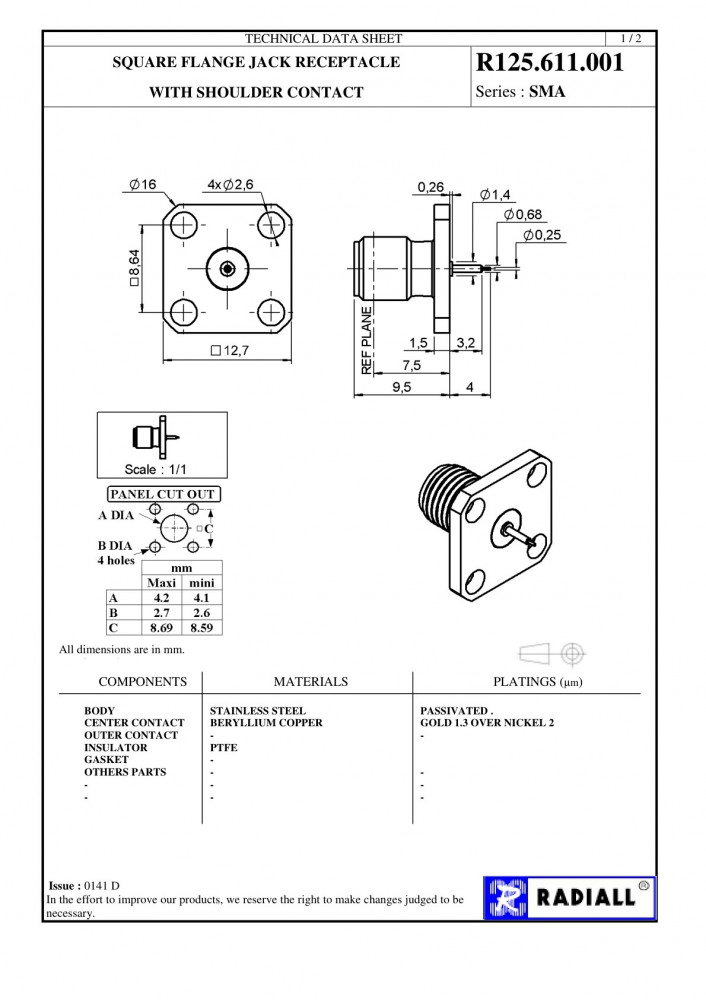 Radiall R125611001 technical datasheet page 1