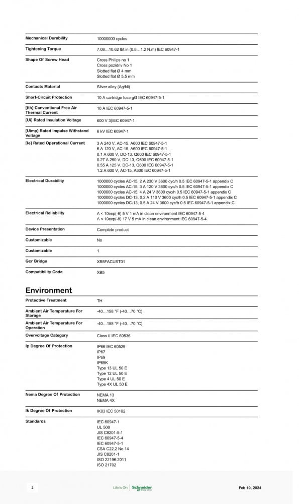 XB5FA31 technical document page 2