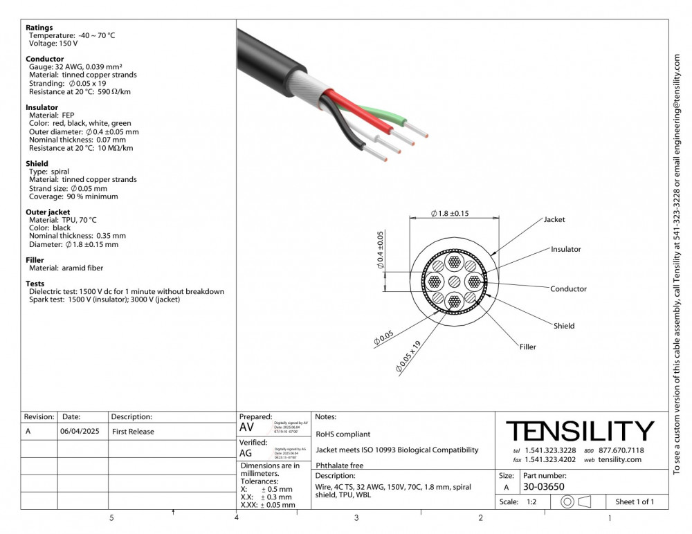 Tensility International 30-03650 cable product drawing