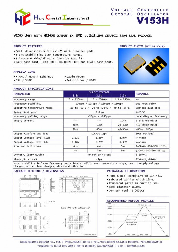 HCI V153H-25.000K33DTJL technical document preview