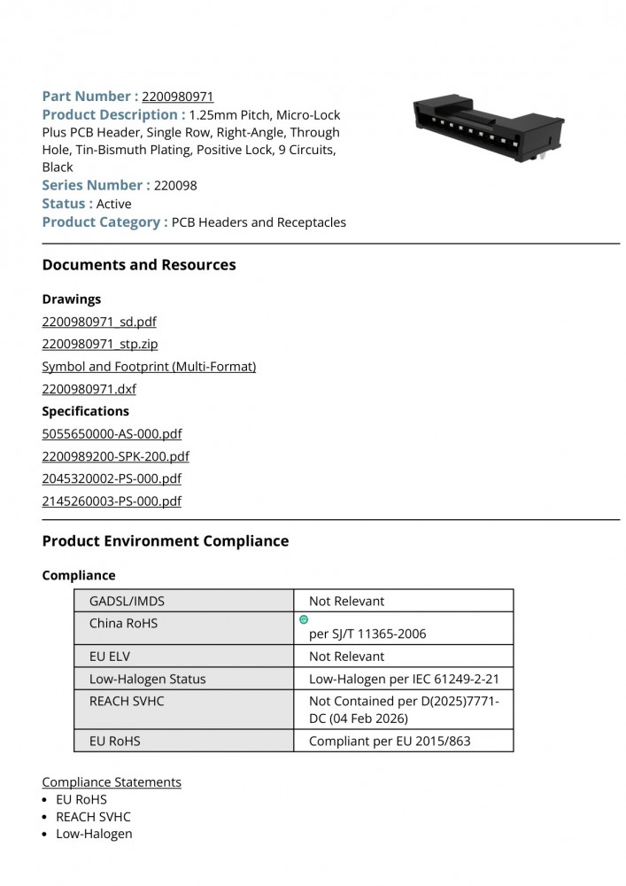 MOLEX 2200980971 technical document page 1
