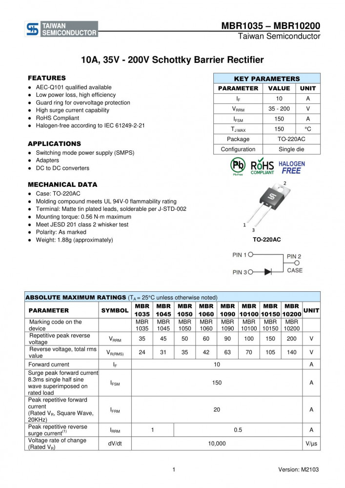 MBR1050 datasheet page 1