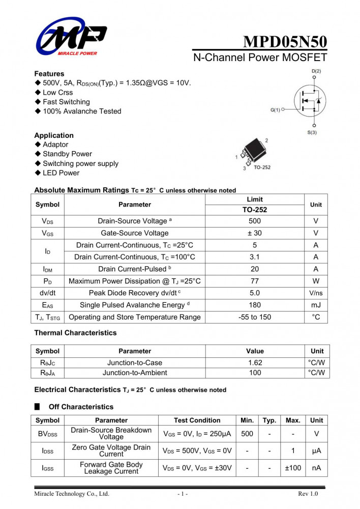 MPD05N50A datasheet page 1