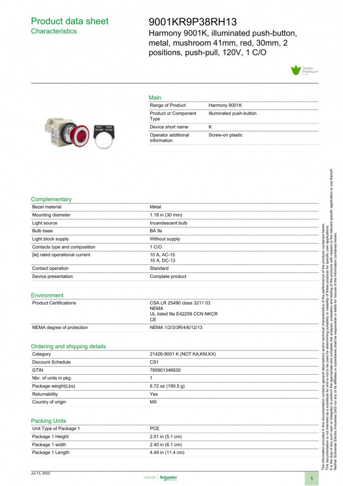 9001KR9P38RH13 technical document page 1
