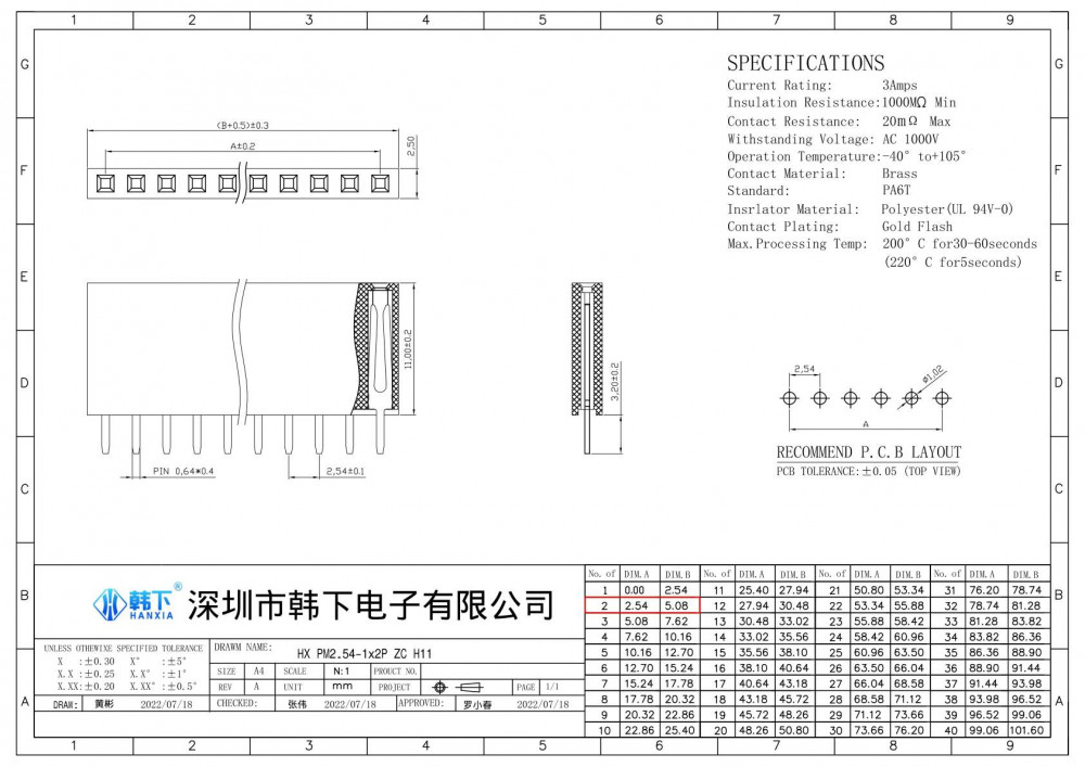 HANXIA HX PM2.54-1x2P ZC H11 technical drawing and specifications