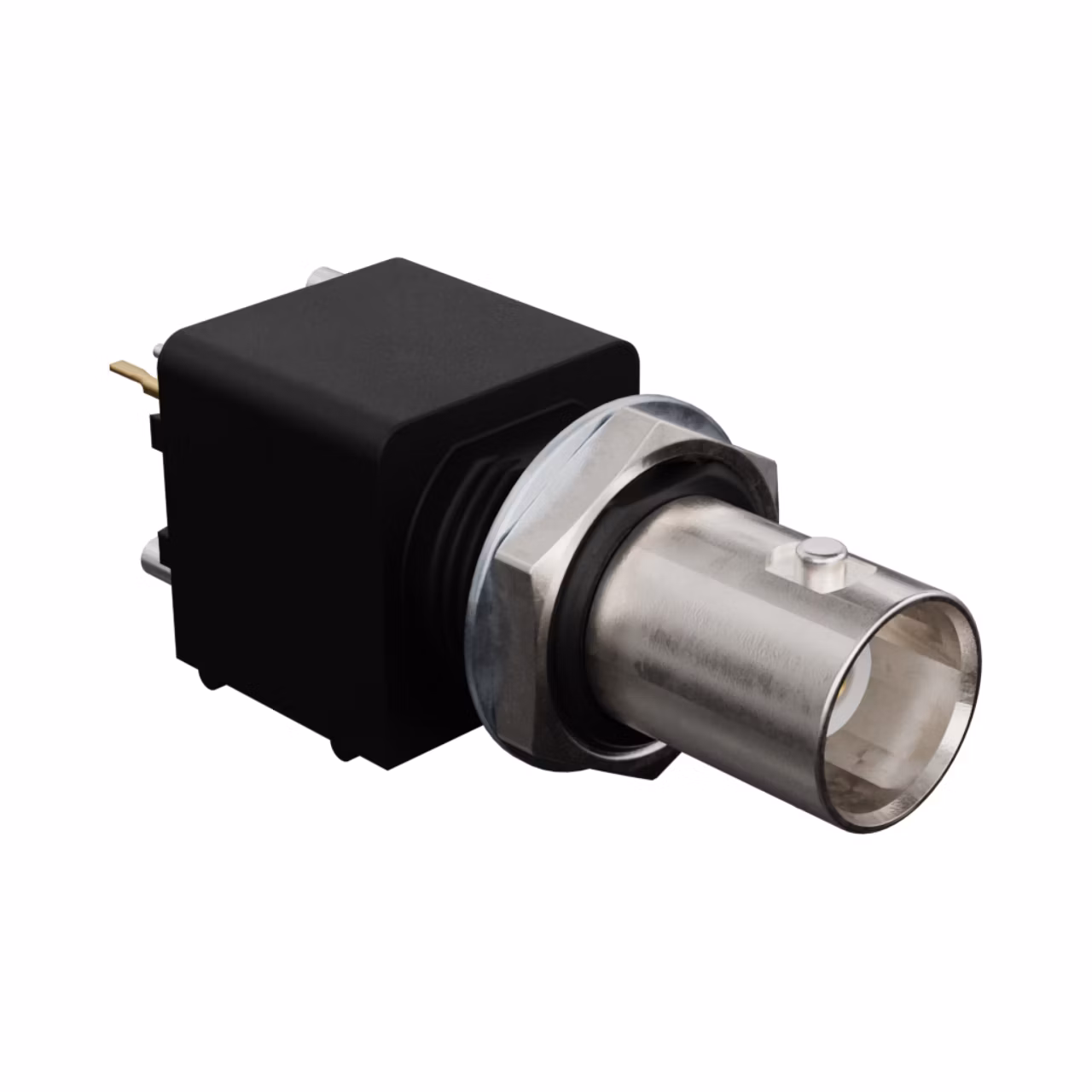 BNC Jack, Straight, Bulkhead Receptacle, PCB, Through Hole, Panel Isolated, Black PBT Housing, Nut and Lockwasher Included, Tray, 50 Ohms for sale