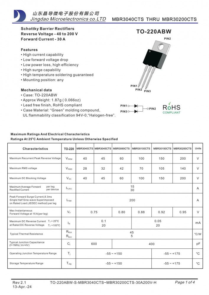 MBR3045CTS datasheet page 1