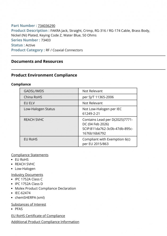 Technical document page 1 for Molex 734036290
