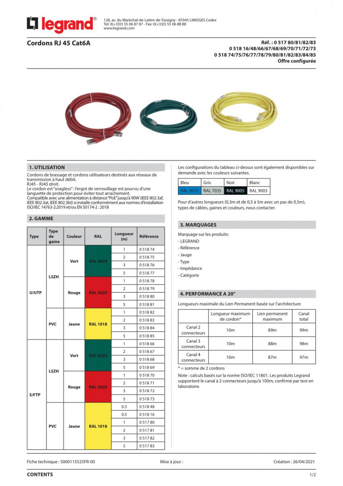 Legrand patch cord technical document, page 1