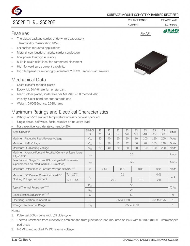 SS54F datasheet page 1