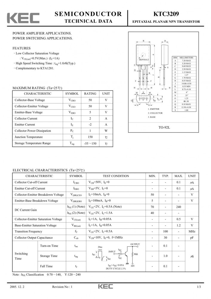 KTC3209-Y-AT/P datasheet page 1