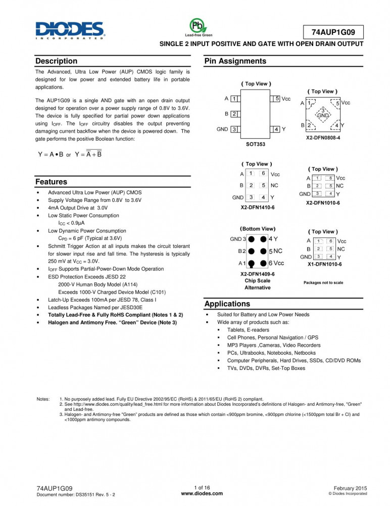 74AUP1G09SE-7 datasheet page 1
