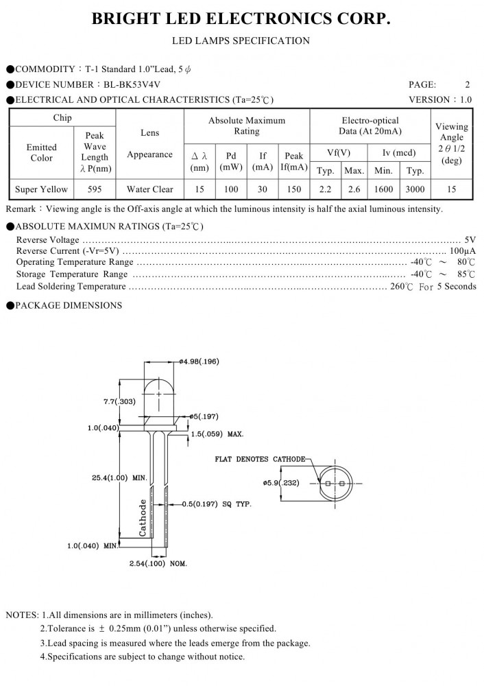 BL-BK53V4V specification page showing optical and electrical ratings and package dimensions