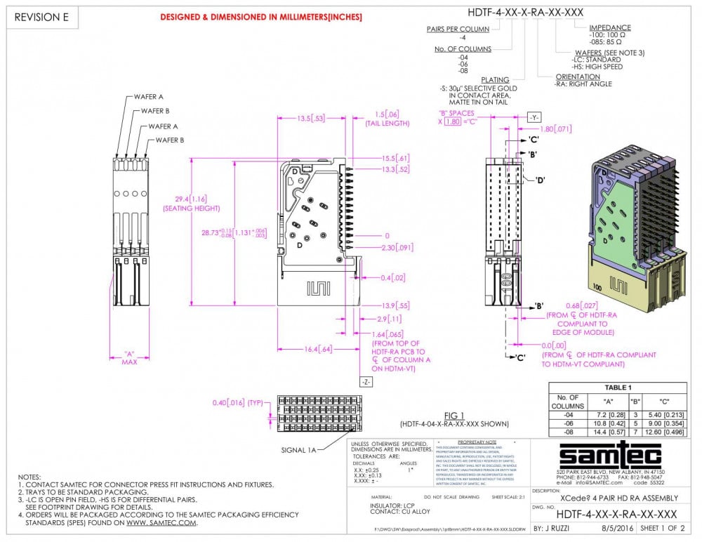 Samtec HDTF-4-08-S-RA-HS-085 technical drawing page 1