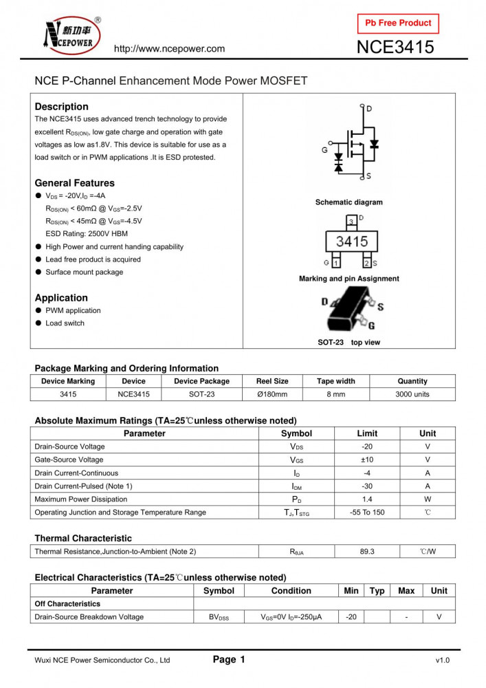 NCE3415 datasheet page 1