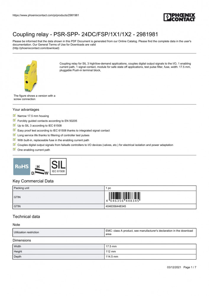 Phoenix Contact 2981981 technical document page 1