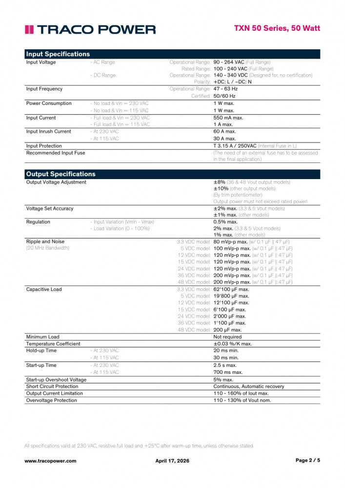 TXN 50 series technical document, page 2