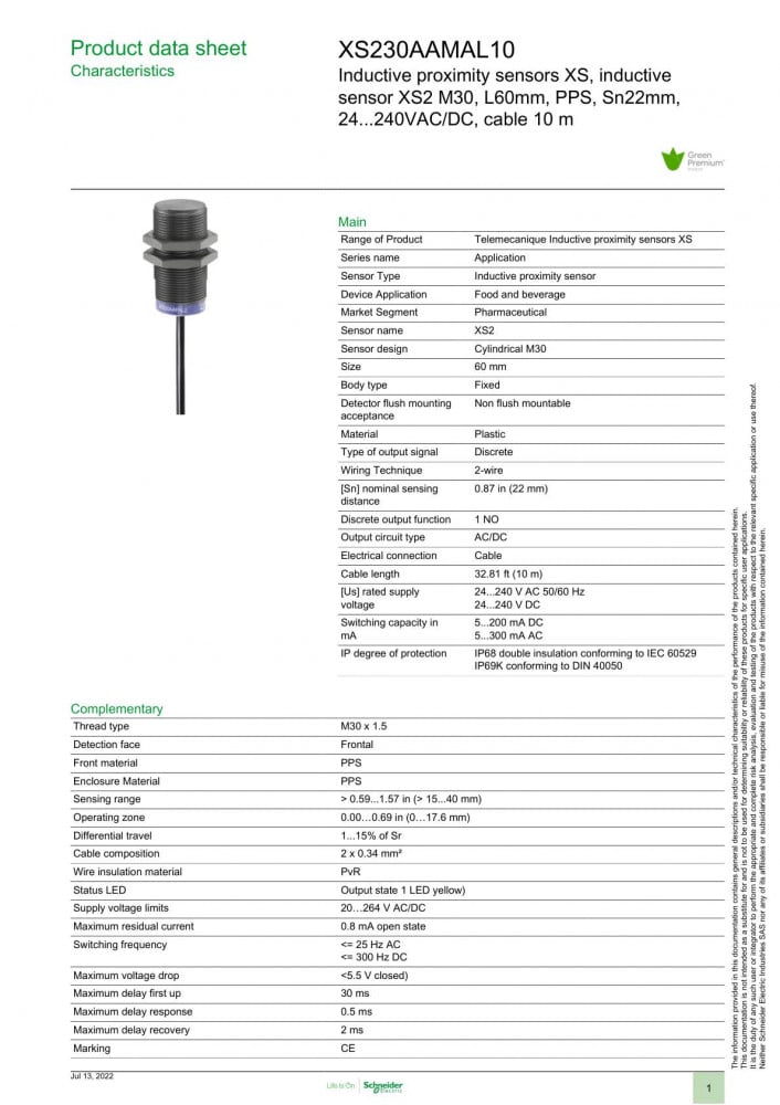XS230AAMAL10 technical document page 1