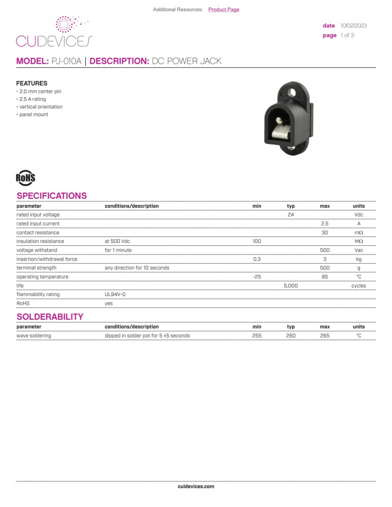CUI PJ-010A datasheet page 1