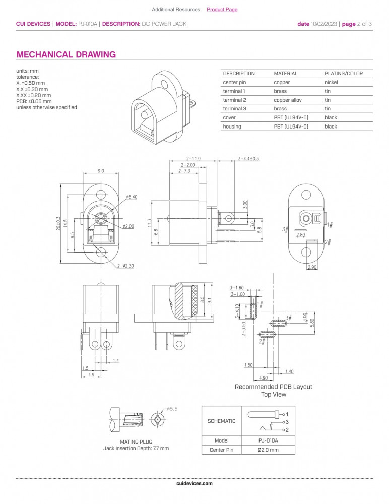 CUI PJ-010A datasheet page 2