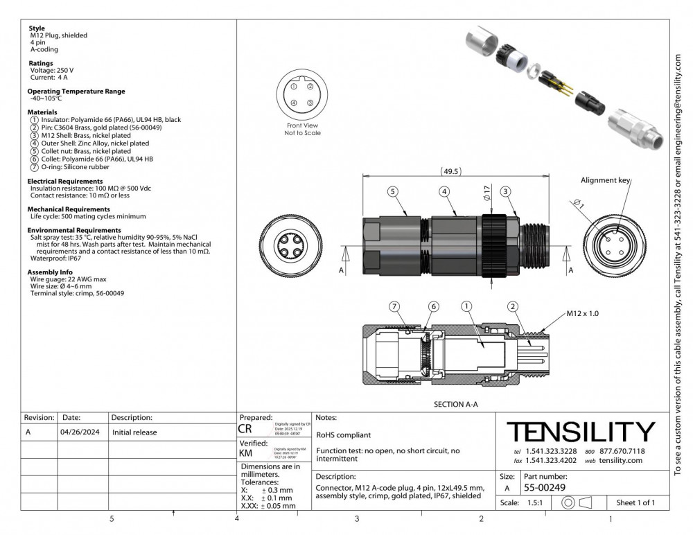 55-00249 M12 A-coded 4-pin shielded plug product drawing