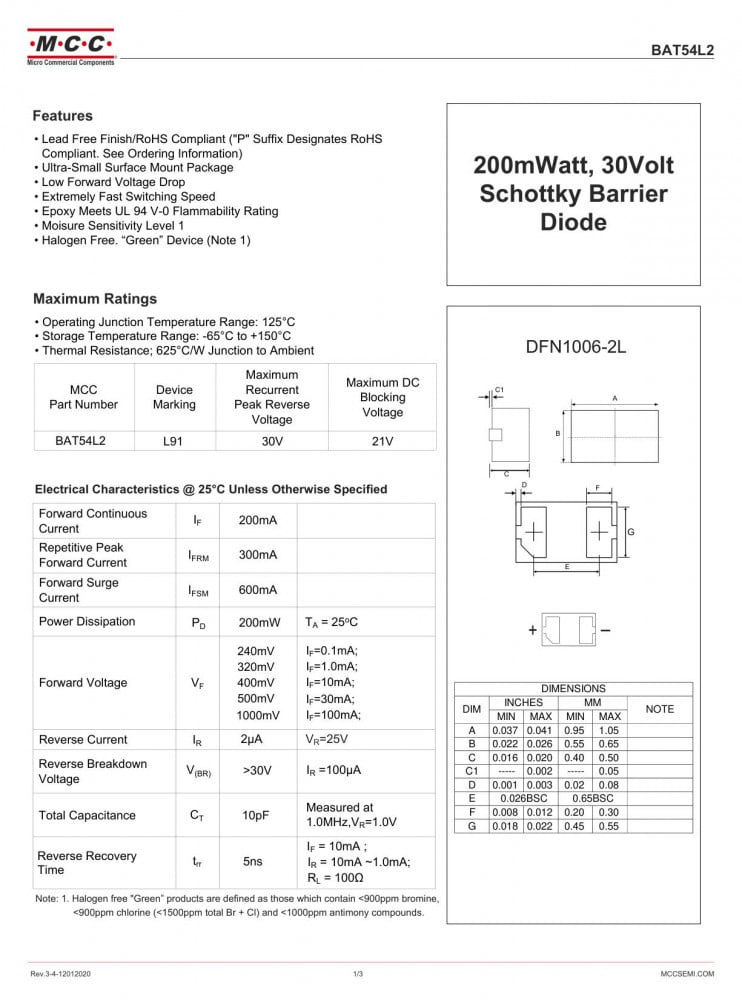 BAT54L2-TP datasheet page 1