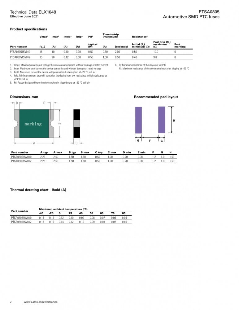 PTSA0805 electrical specifications page 2
