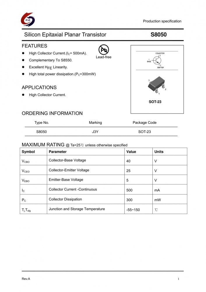 S8050 datasheet page 1