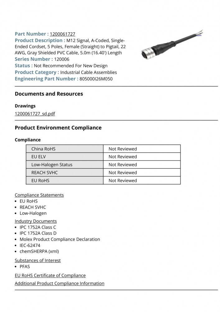 MOLEX M12 cable assembly drawing, page 1