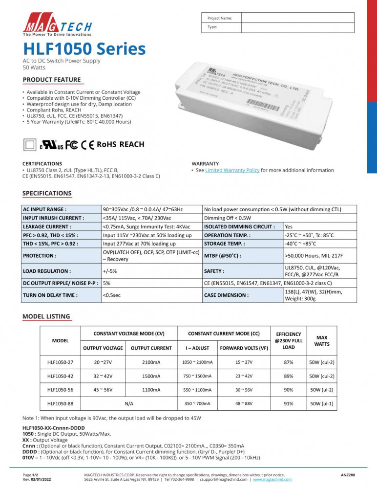 HLF1050 Series product documentation, page 1
