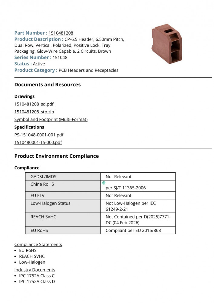 Molex CP 6.5 connector specification preview, page 1