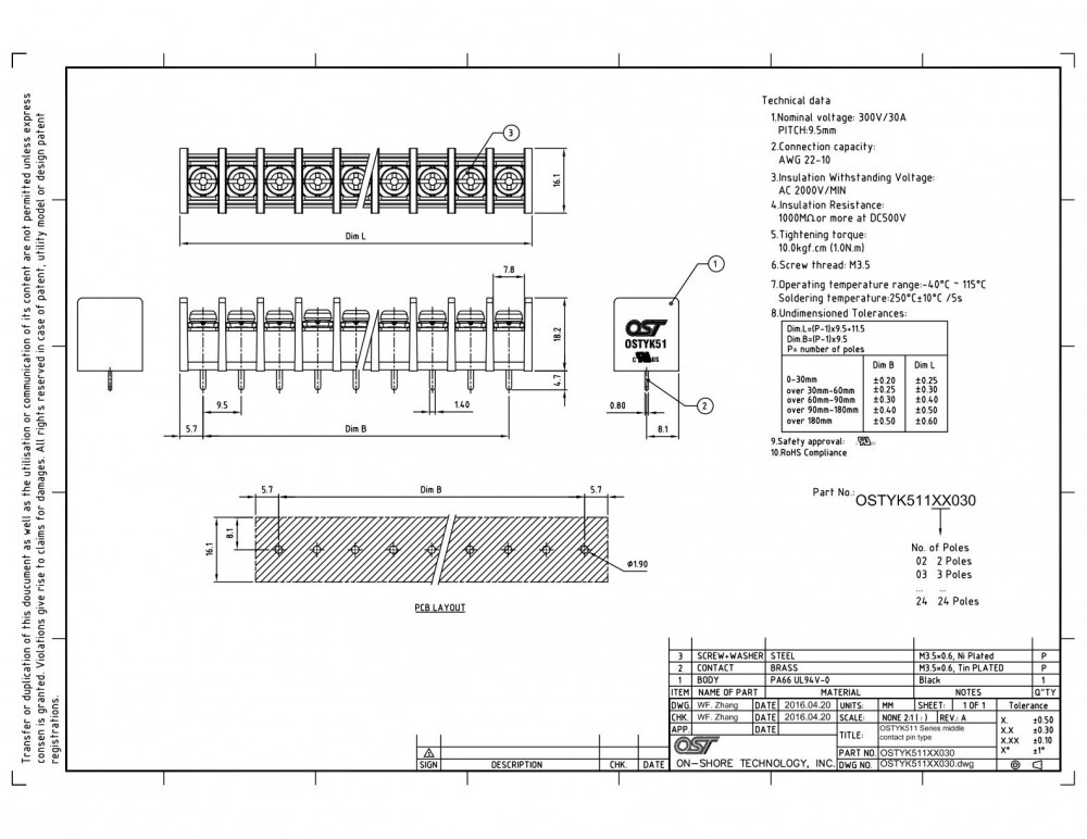 OSTYK511 series technical drawing and specification page