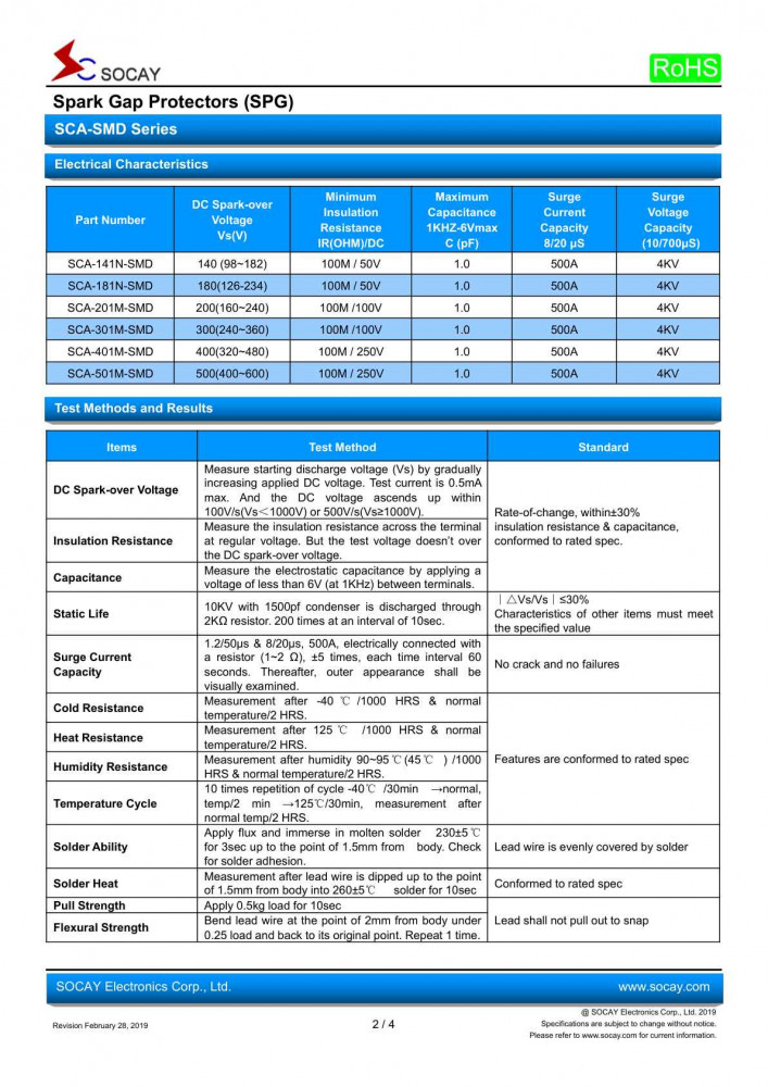 SOCAY SCA-SMD spark gap protector document, page 2
