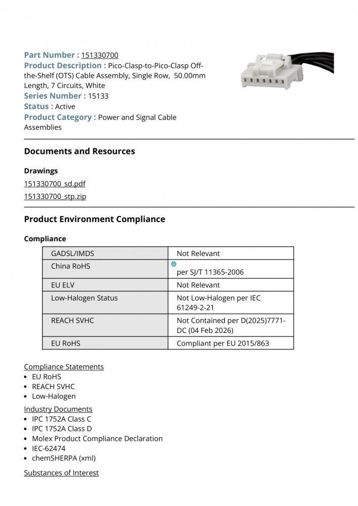 MOLEX 151330700 document page 1