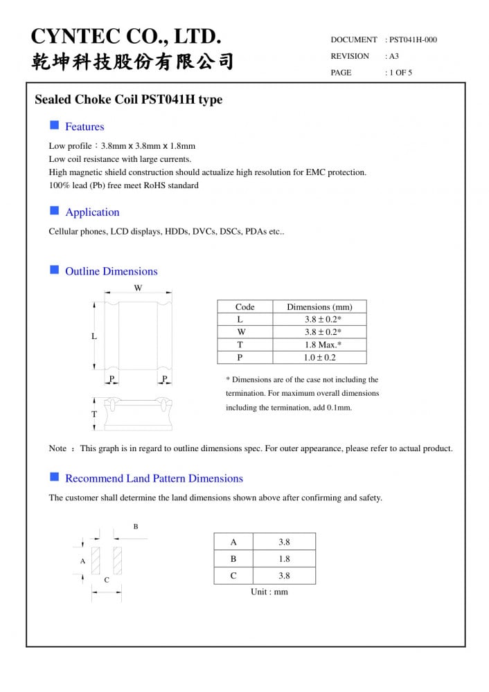 Cyntec PST041H datasheet page 1