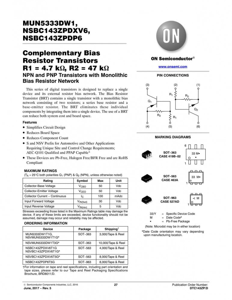 MUN5333DW1T1G datasheet page 1