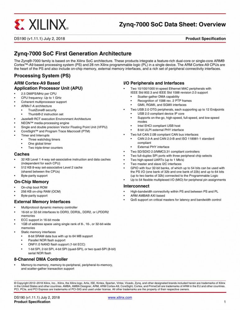 XC7Z030 technical document page 1