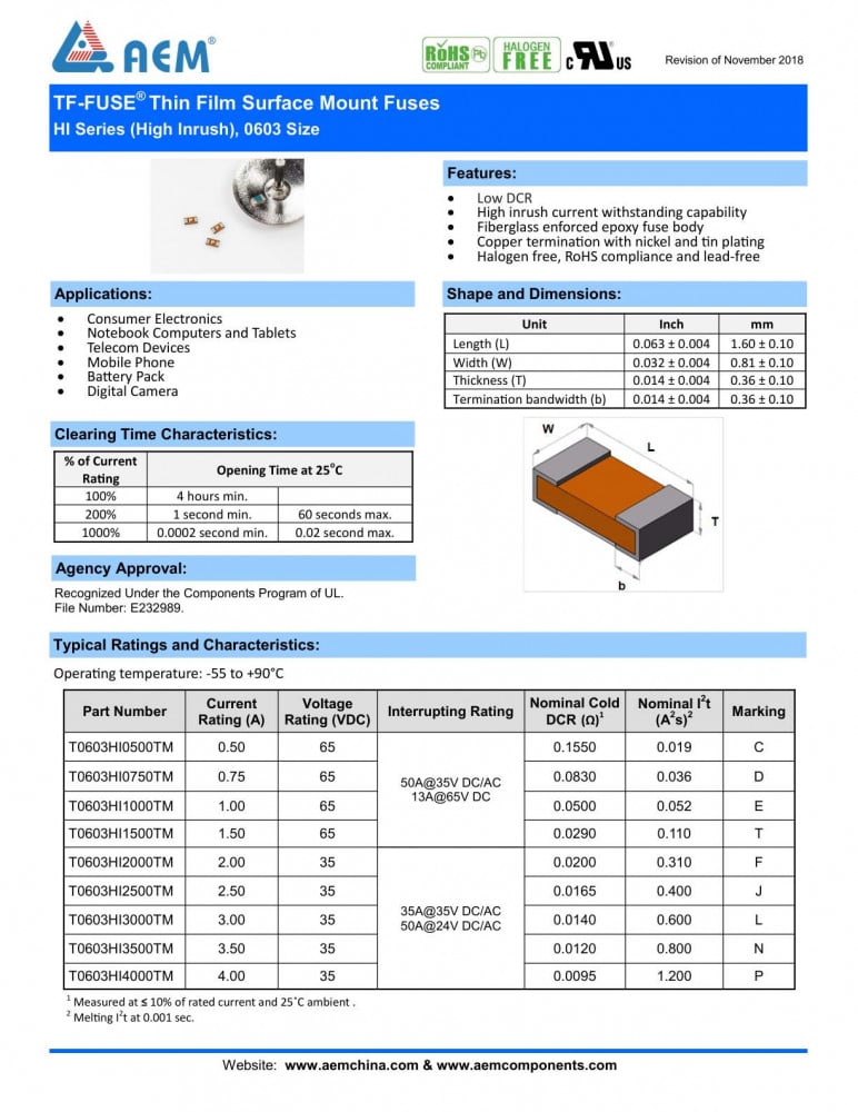 AEM T0603HI2500TM datasheet page 1