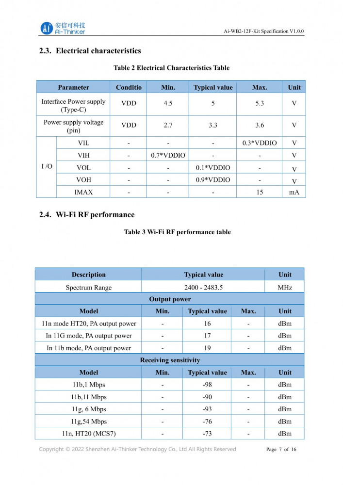 Ai-WB2-12F-KIT specification document, page 7