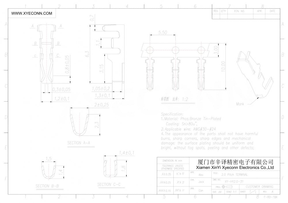 XY-HY2.0-31 customer drawing, 2.0 pitch terminal