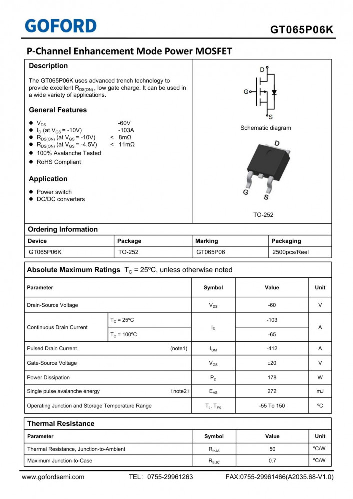 GT065P06K technical document page 1