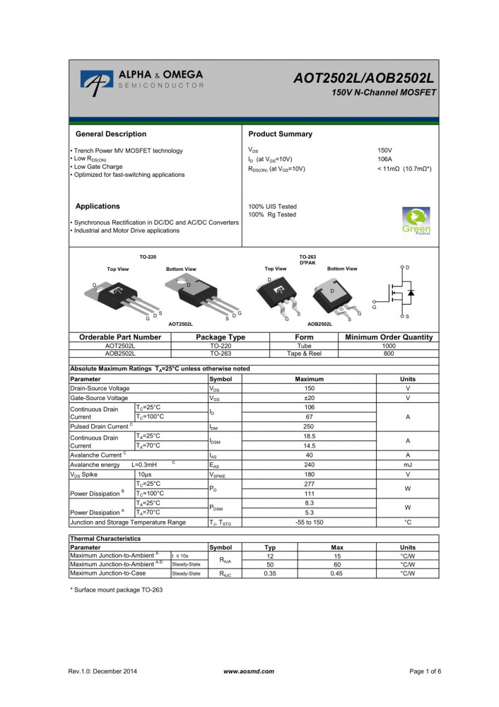 AOB2502L datasheet page 1