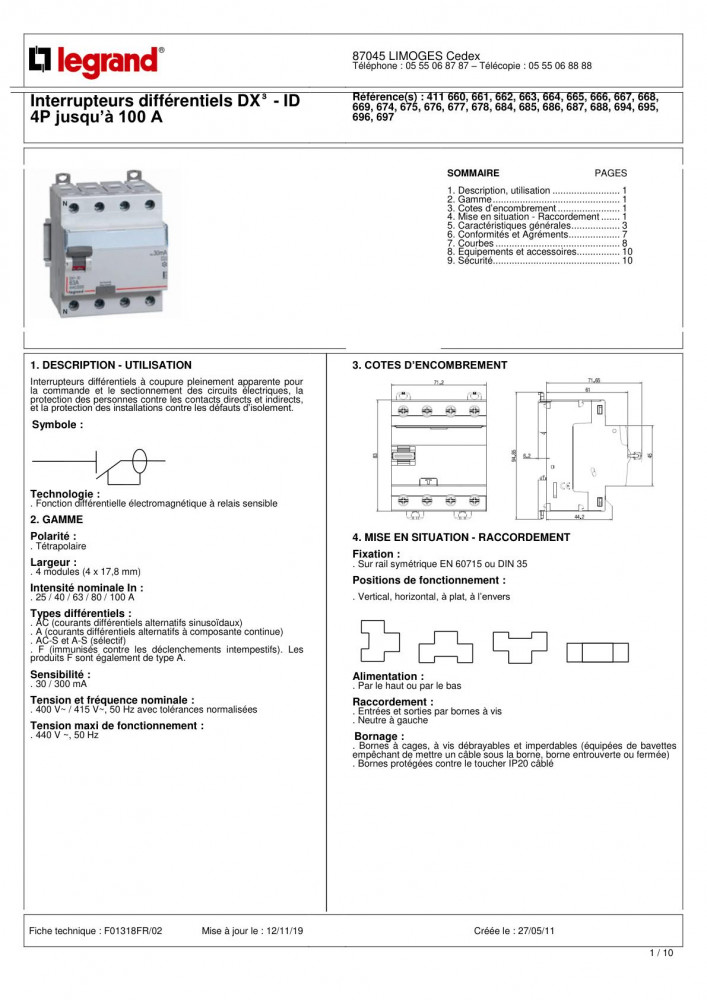 Legrand DX3 residual current device document, page 1