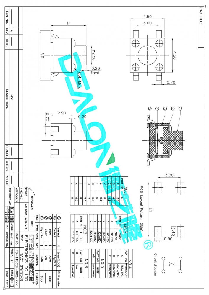 DEALON TD-1150SR tactile switch technical drawing
